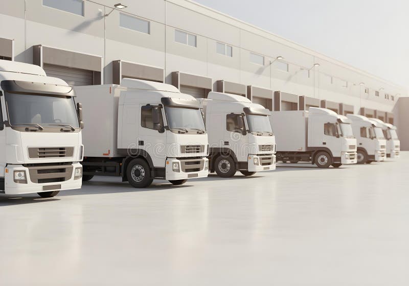 Row of White Delivery Trucks Parked at Distribution Warehouse Loading Docks Stock Illustration ...