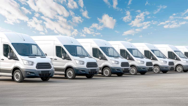 A Row of White Delivery Vans are Parked in a Lot Under a Bright Blue ...
