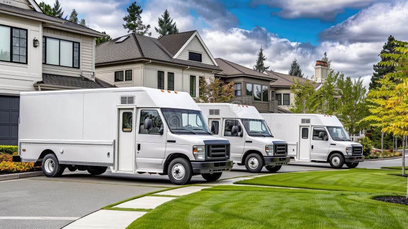 A Row of White Delivery Vans are Parked in a Lot Under a Bright Blue ...