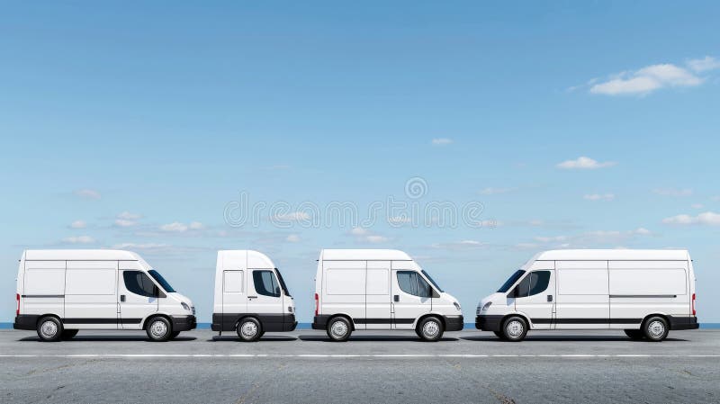 A Row of White Delivery Vans are Parked in a Lot Under a Bright Blue ...