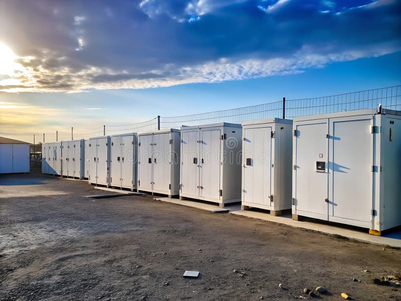 Row of White Metal Storage Containers Lined Up Outdoors on a ...