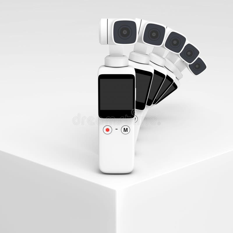 Row of White Pocket Handheld Gimbal Action Camera on a White Product ...