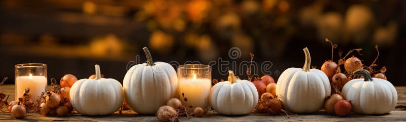 Decorative White Pumpkins, Candles and Fall Foliage Background Banner ...