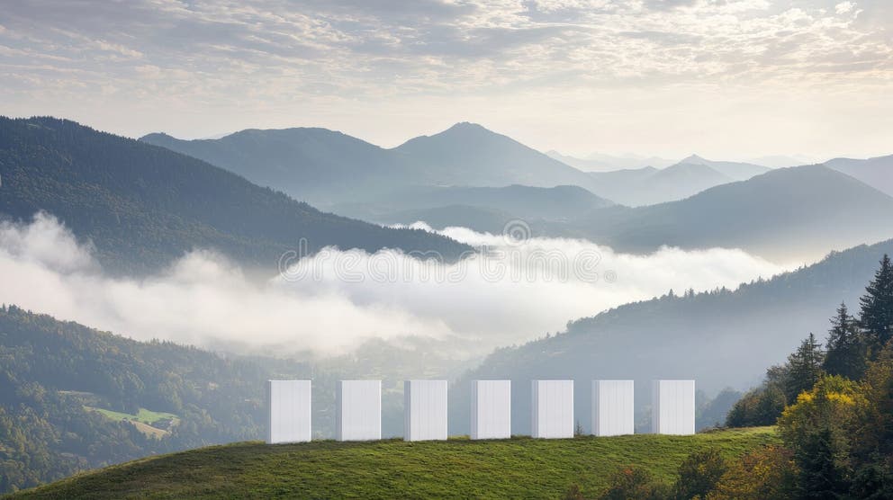 A Row of White Rectangular Panels on a Hillside, Overlooking a Misty ...