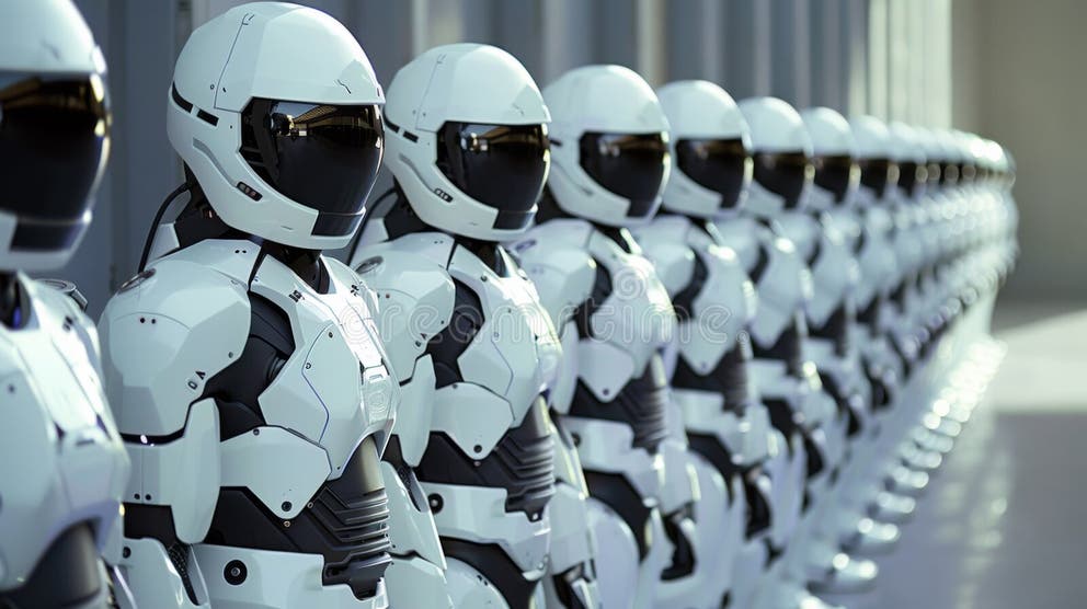 A Row of White Robots Lined Up in a Line with Helmets on, AI Stock ...