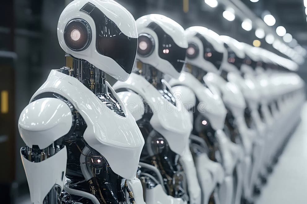 Row of White Robots Standing in a Factory Setting Stock Image - Image ...