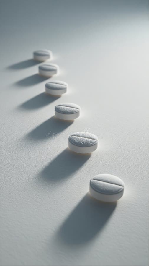 Row of White Tablets Arranged in a Sequence on Plain Paper Surface ...