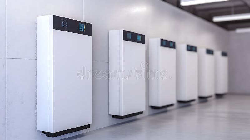 Row of White Wall Mounted Batteries in Modern Interior Stock ...