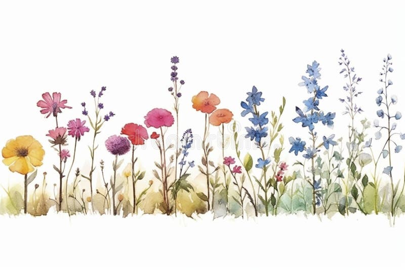 Row of Wildflowers in Watercolor Style, Created with Generative AI ...