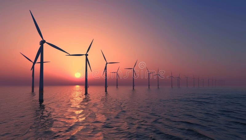 A Row of Wind Turbines are in the Water with the Sun Setting in the ...
