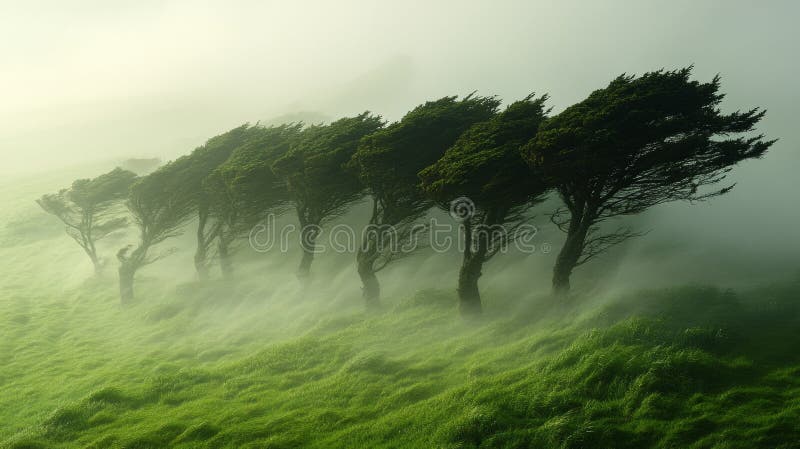 Row of Windblown Trees in Misty Green Landscape Stock Photo - Image of ...