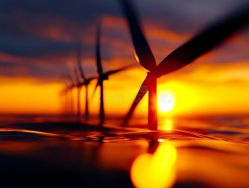 A Row of Windmills in the Ocean at Sunset Stock Image - Image of glow ...