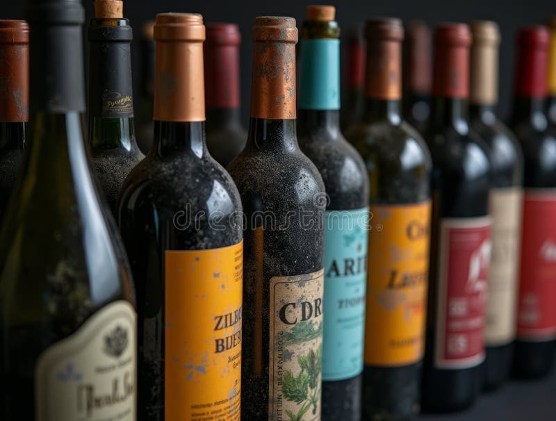 Row of Wine Bottles with Distinct Colorful Labels Stock Photo - Image ...