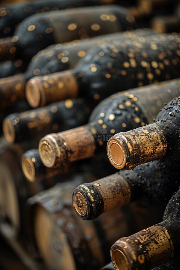 A Row of Wine Bottles with Labels on Them Sitting in a Rack, AI Stock ...