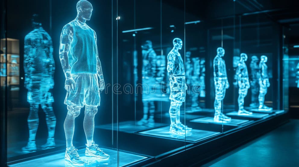 A Row of Wireframe Human Figures in a Display Case Stock Illustration ...