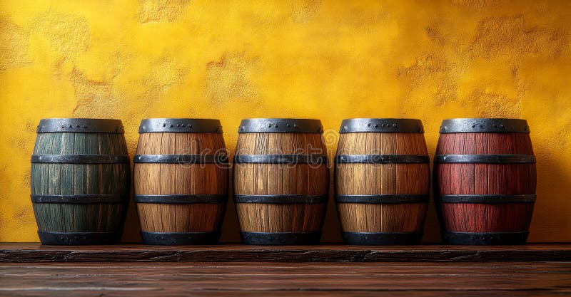 A Row of Wooden Barrels with Different Colors and Sizes Stock Photo ...