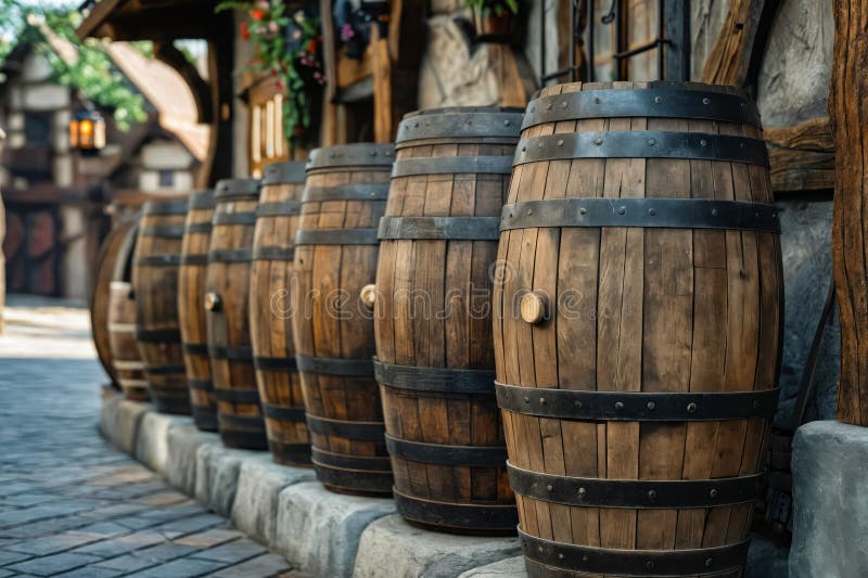 A Row of Wooden Barrels Lined Up on the Side of a Building. Generative ...