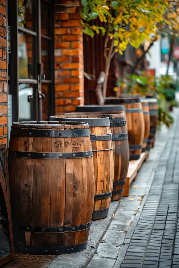 A Row of Wooden Barrels Lined Up on the Side of a Building. Generative ...