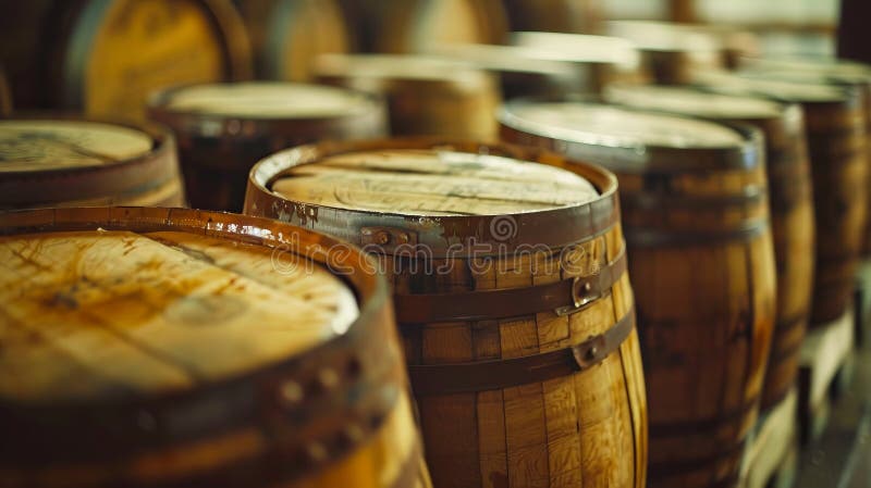 A Row of Wooden Barrels Stacked on Top of Each Other Stock Image ...