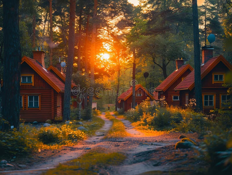 A Row of Wooden Cabins in a Forest at Sunset Stock Image - Image of ...