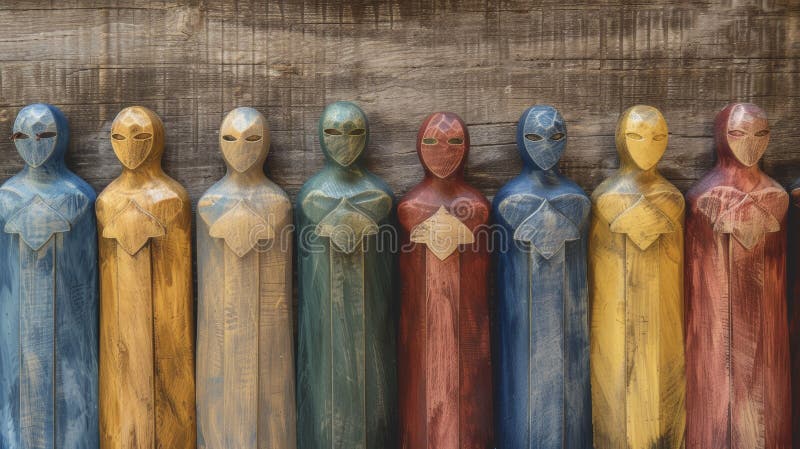 A Row of Wooden Figurines with Faces Painted in Different Colors, AI ...