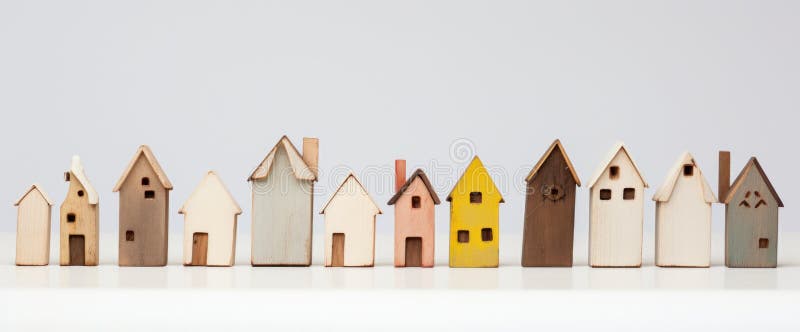 A Row of Wooden House Figures on a Table Stock Image - Image of wood ...