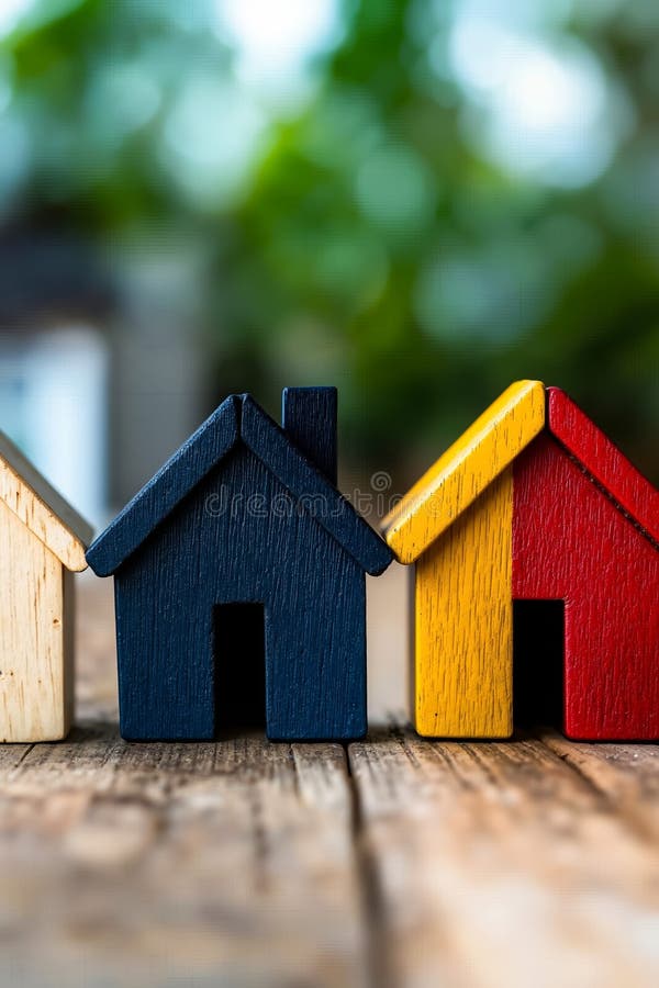 A Row of Wooden Houses Sitting on Top of a Wooden Table Stock Image ...