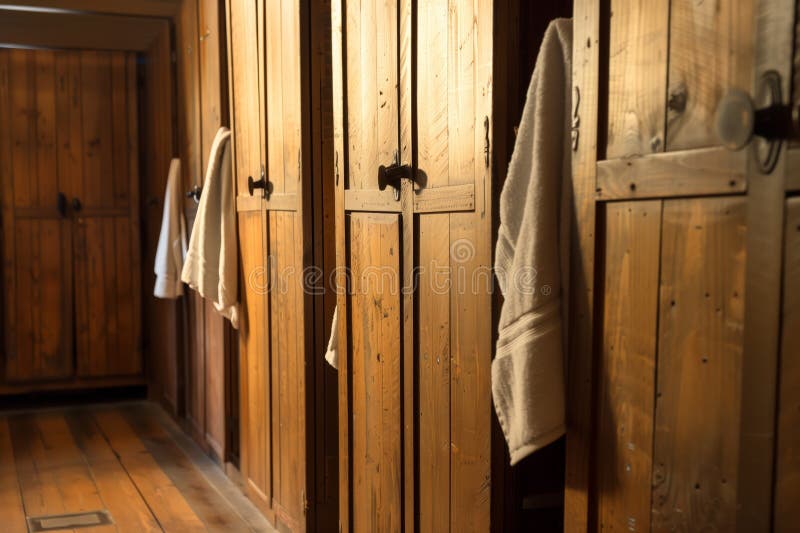 Row of Wooden Lockers, Doors Ajar, Towels Hanging Stock Photo - Image ...