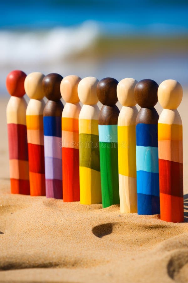 Row of Wooden Pegs with Different Colors on Beach. Generative AI Stock ...
