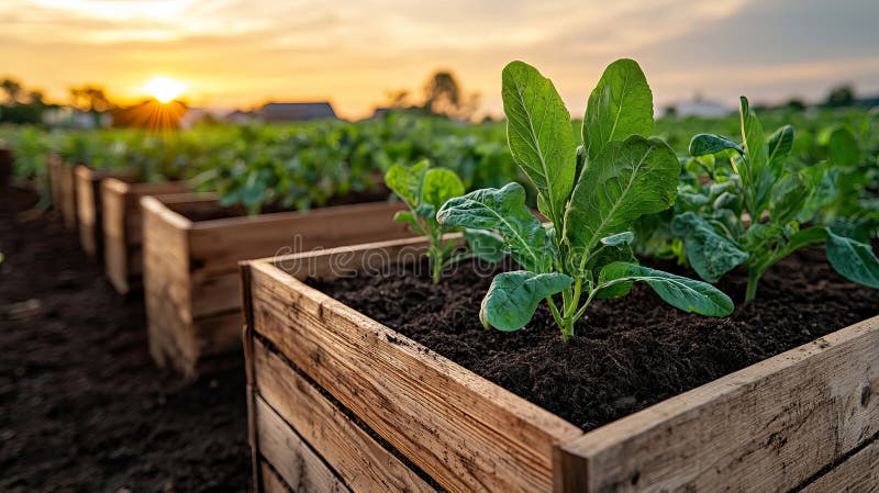 A Row of Wooden Planters Filled with Plants in a Field at Sunset Stock ...