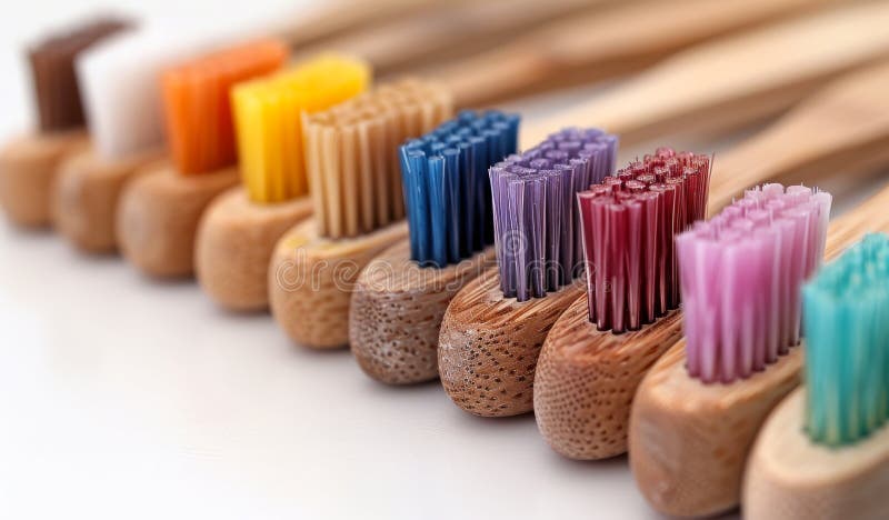 A Row of Wooden Toothbrushes with Different Colors Stock Image - Image ...