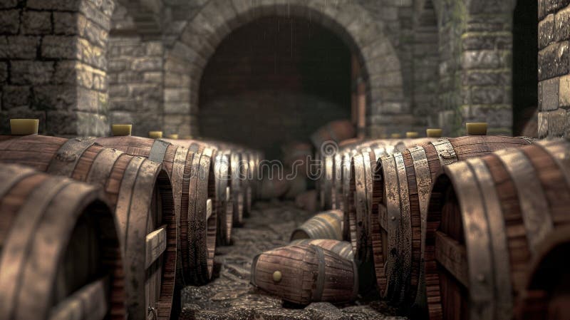 Wine Barrels Stored in Stone Cellar Stock Illustration - Illustration ...