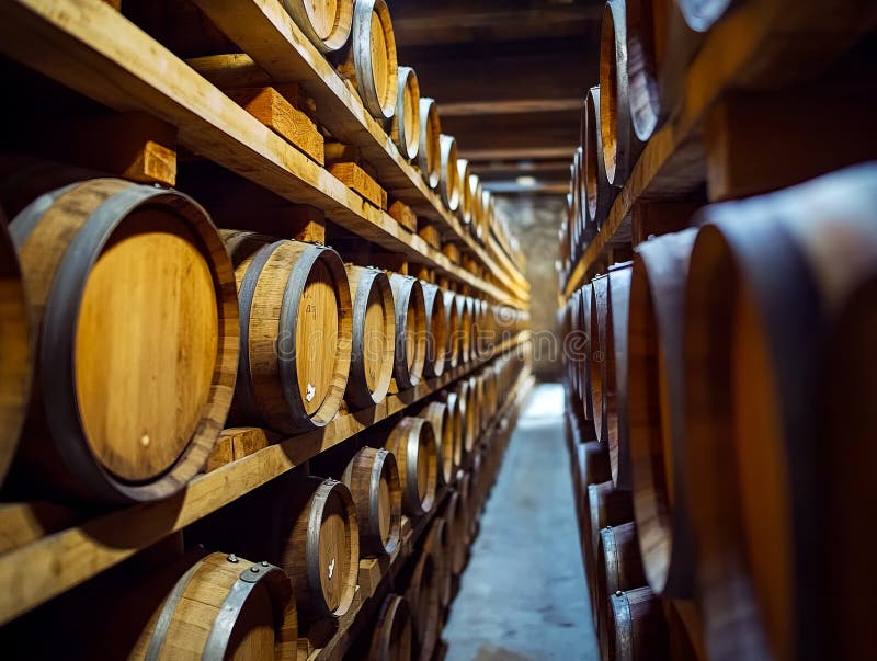 A Row of Wooden Wine Barrels Stacked on Top of Each Other Stock Photo ...