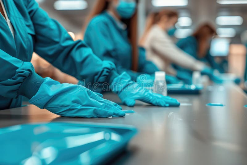 A Row of Workers Wearing Blue Gloves and Protective Suits Work on a ...