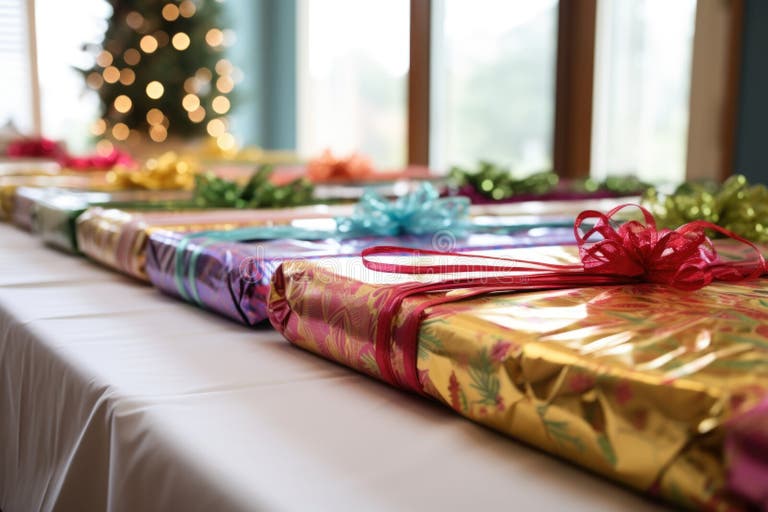 A Row of Wrapped Presents on a Table Stock Image - Image of generative ...