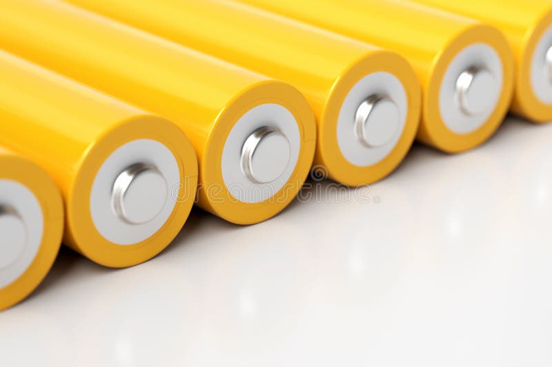 Row of Yellow Aa Batteries Lying on White Background Stock Illustration ...