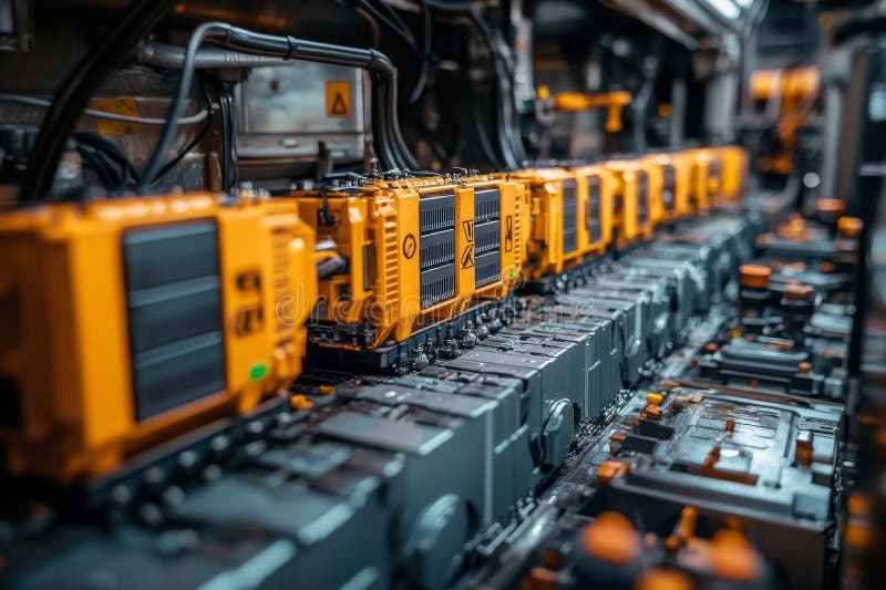 Row of Yellow Battery Modules on Assembly Line, Showcasing EV ...