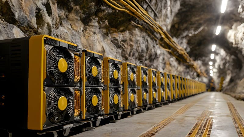 Row of Yellow Bitcoin Mining Servers in a Tunnel Environment with ...