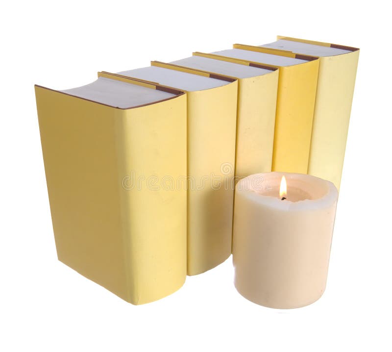 Row of Yellow Books with an Old Leather Bound Book Stock Photo - Image ...