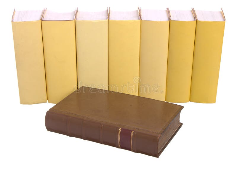 Row of Yellow Books with an Old Leather Bound Book Stock Photo - Image ...
