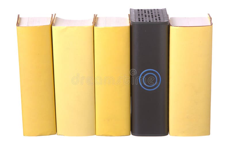 Row of Yellow Books with an Old Leather Bound Book Stock Photo - Image ...