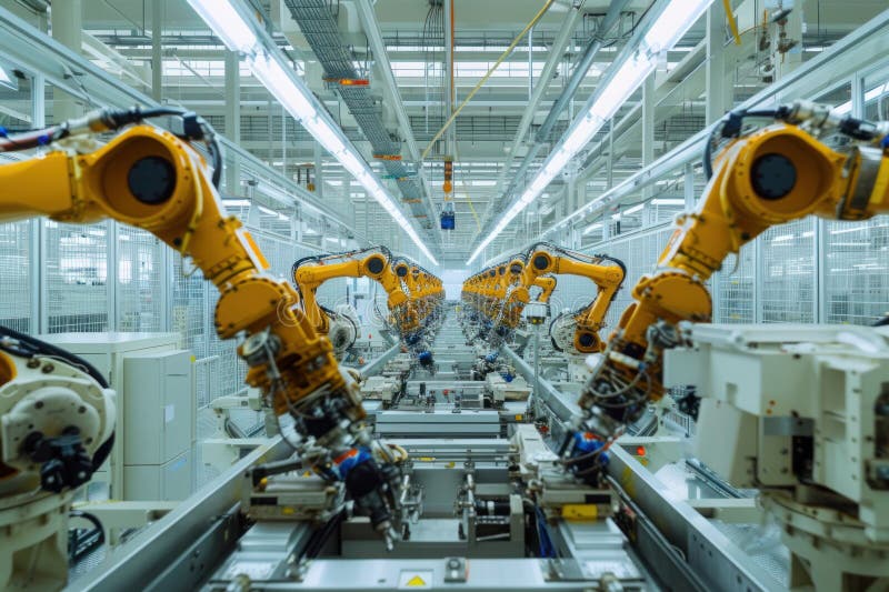 Row of Yellow Robots Building on Conveyor in Engineering Factory Stock ...