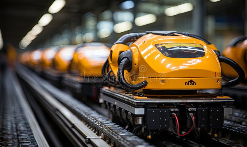 Row of Yellow Robots on Train Tracks Stock Image - Image of train ...