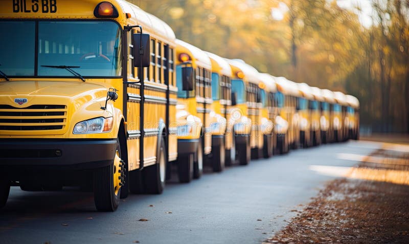 Row of Yellow School Buses Parked Together Stock Illustration ...
