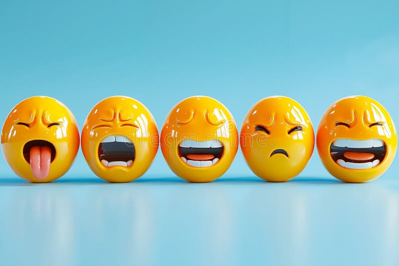 A Row of Yellow Smiley Faces with Different Expressions on a Blue ...