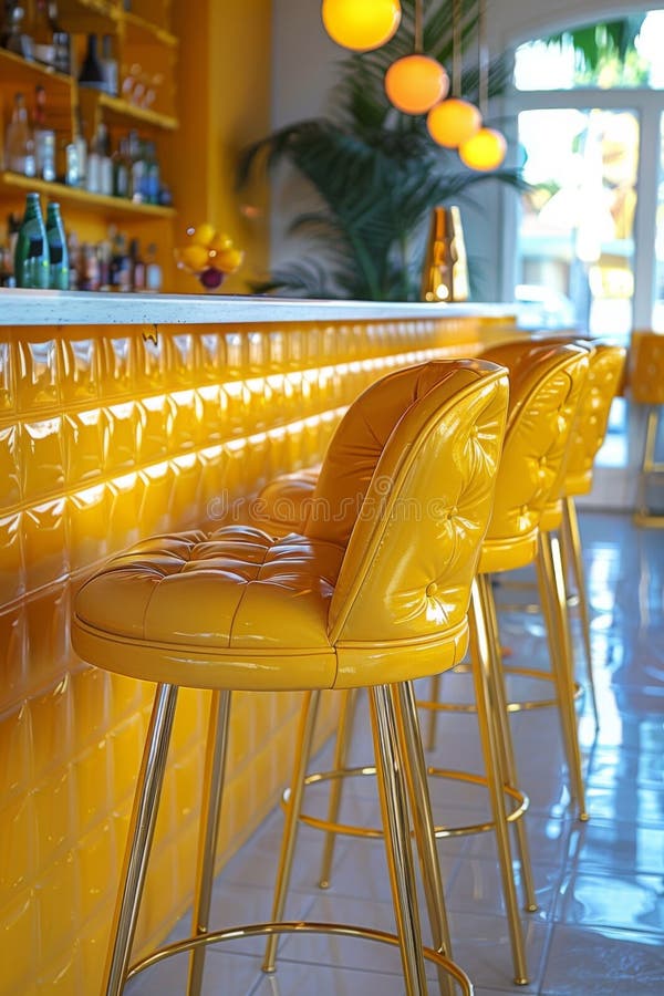 A Row of Yellow Stools Sit in Front of a Bar, AI Stock Photo - Image of ...