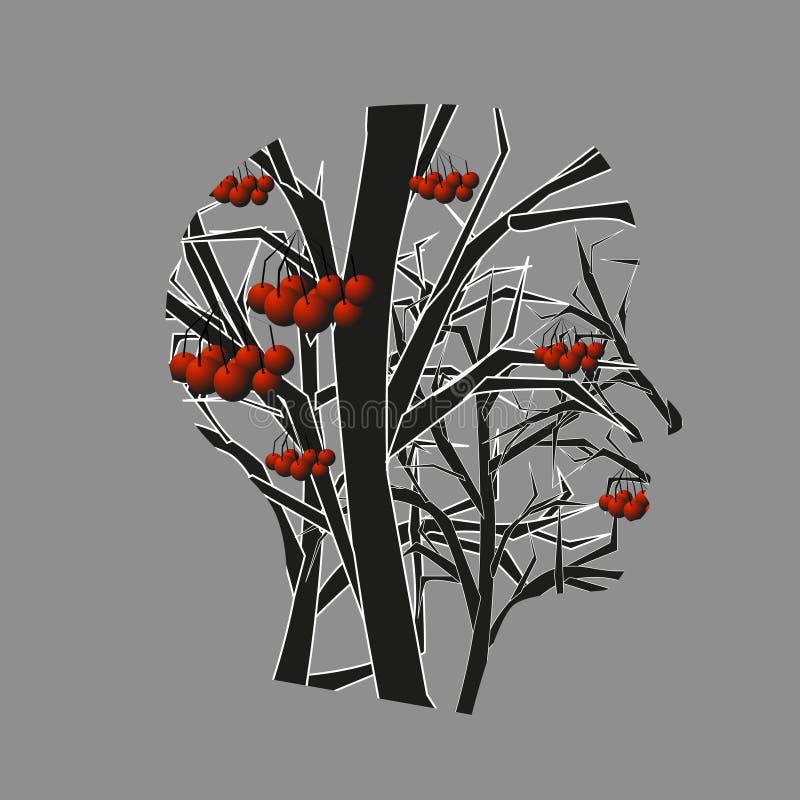 Rowan Tree and Silhouette of the Head Stock Illustration - Illustration ...