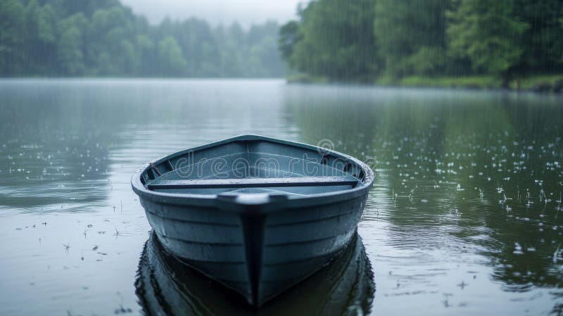 A Rowboat Awaits in a Misty Rain-Covered Lake Stock Illustration ...