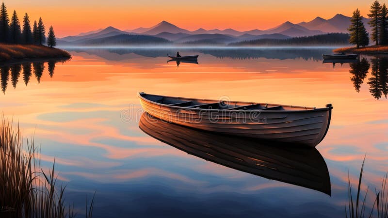 Sunset Rowboat on Calm Lake with Mountain Backdrop - Generative AI ...