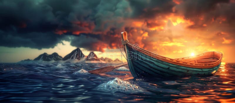 Rowboat on Stormy Ocean at Sunset. Generative Ai Stock Illustration ...